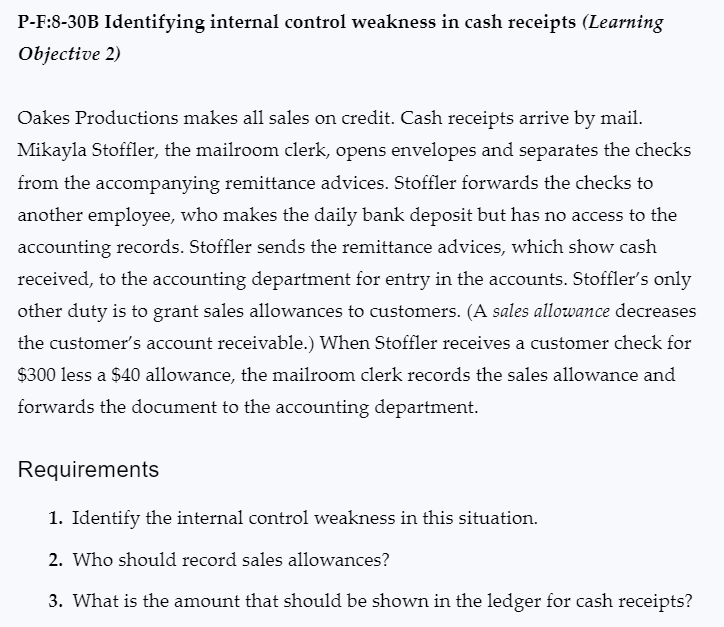Solved P-F:8-30B Identifying internal control weakness in | Chegg.com