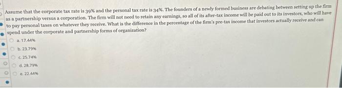 Solved Assume that the corporate tax rate is 39% and the | Chegg.com