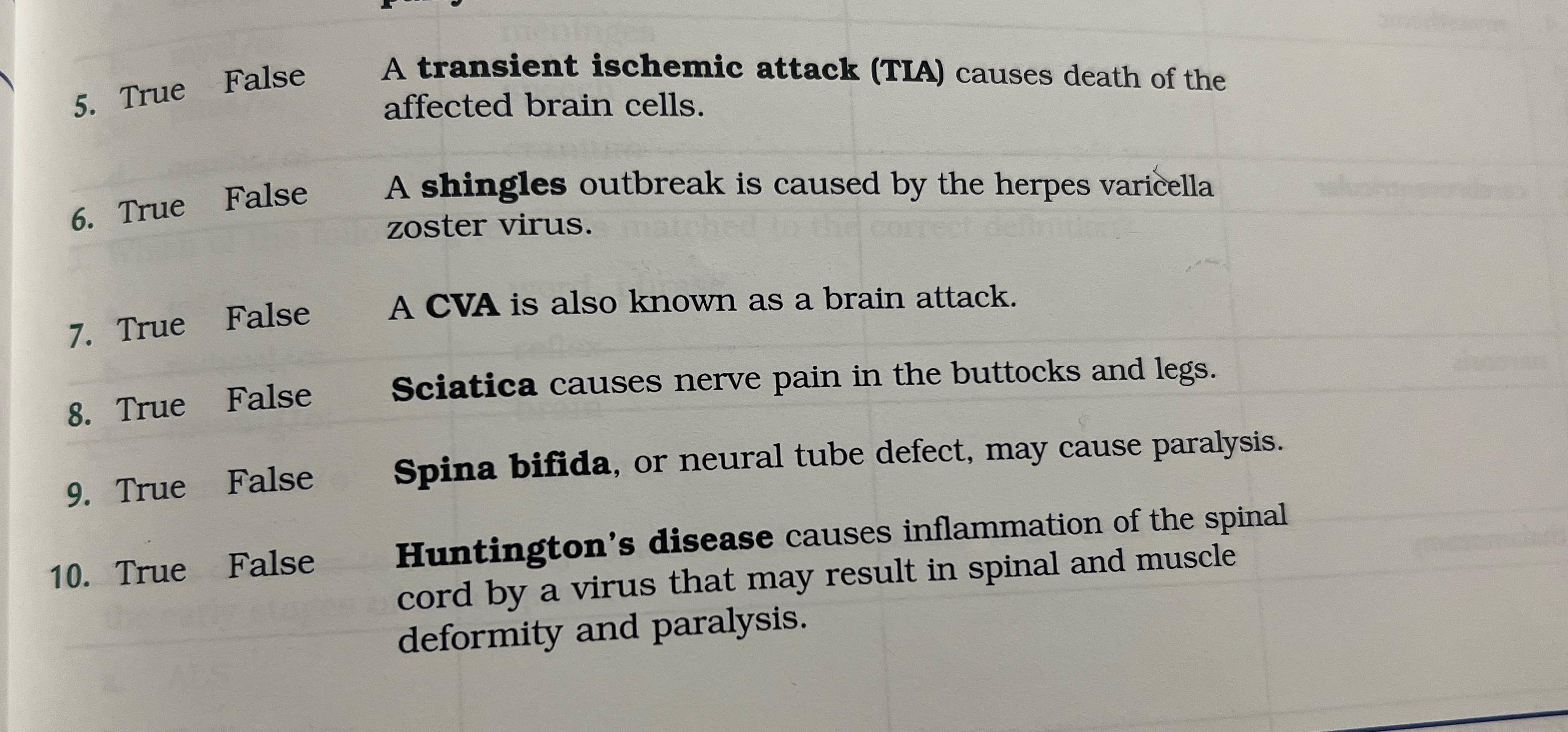 Solved True False A transient ischemic attack (TIA) ﻿causes | Chegg.com