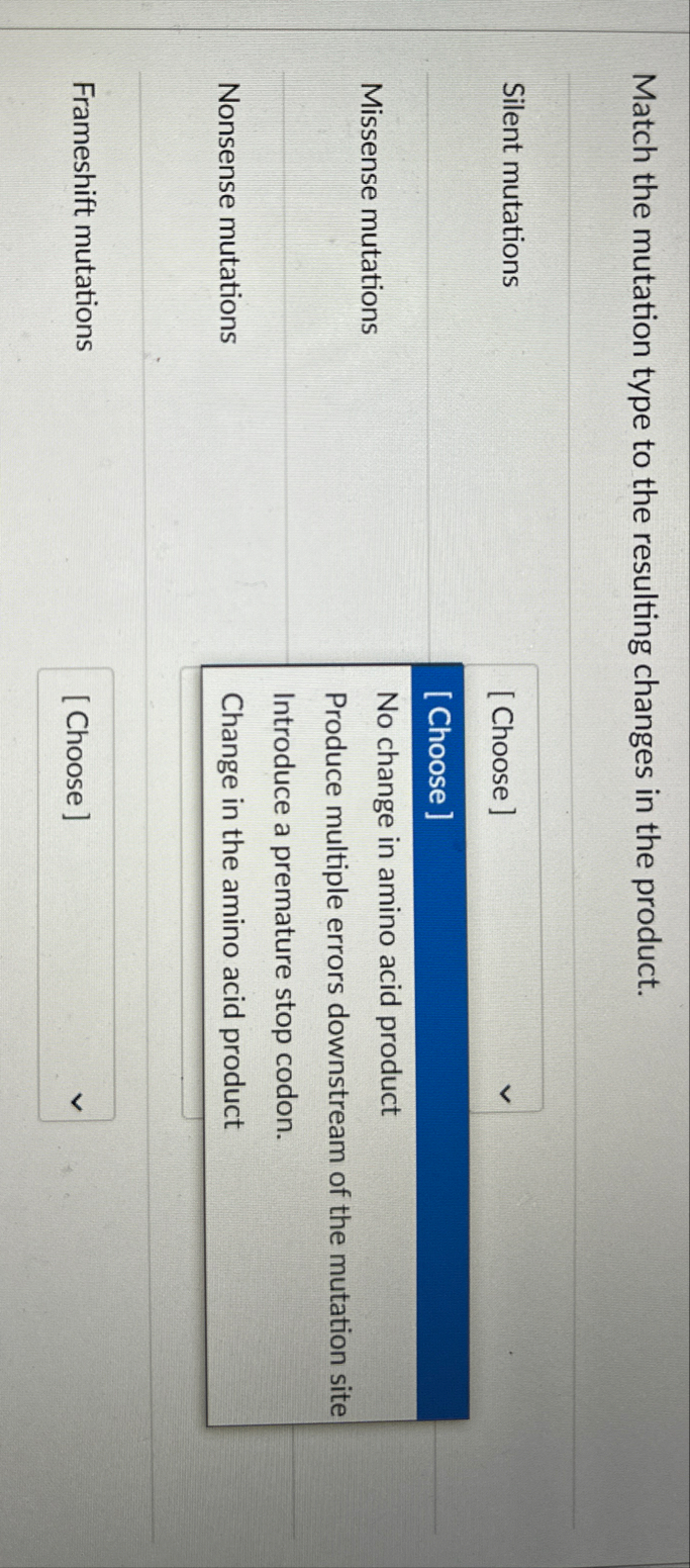 Solved Match the mutation type to the resulting changes in | Chegg.com
