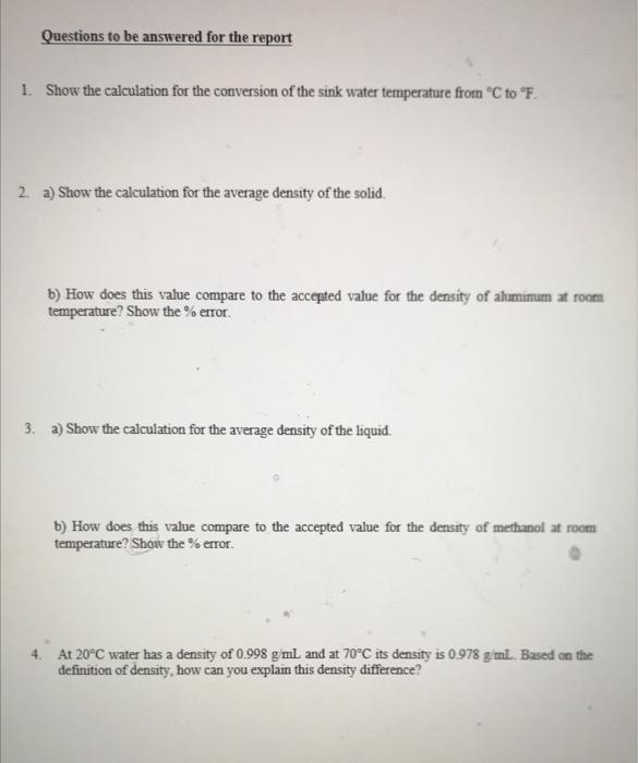 Solved Density Measurements Name Temperature Experiment 3- | Chegg.com