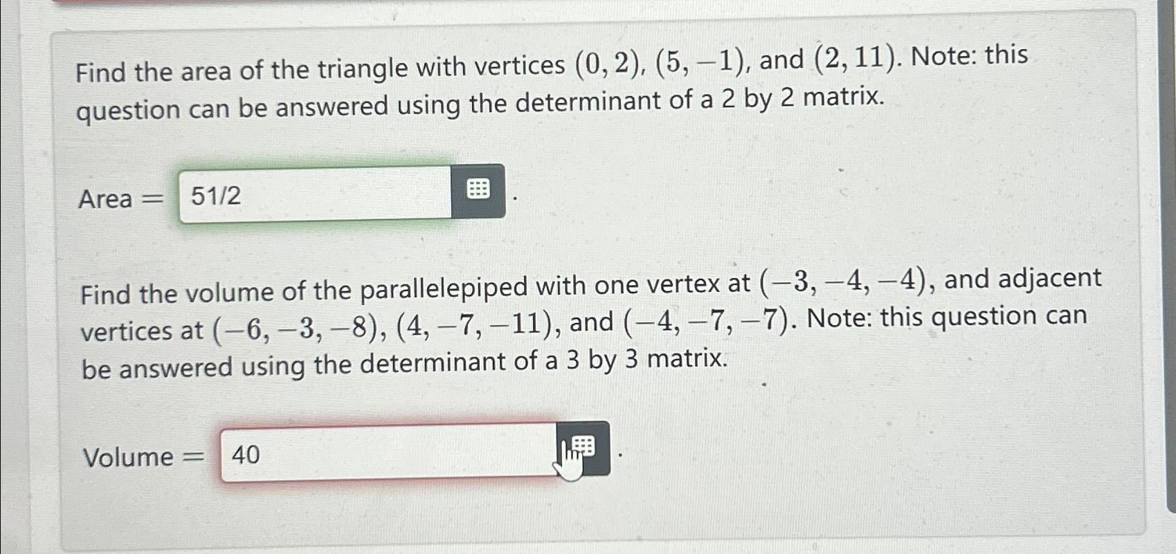 Solved Find the area of the triangle with vertices | Chegg.com