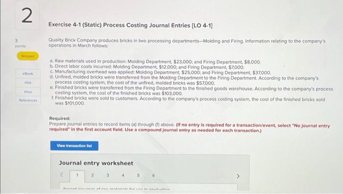 Solved 2 Exercise 4-1 (Static) Process Costing Journal | Chegg.com