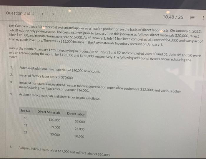 Solved Lott Company uses a job yrder cost system and applies | Chegg.com