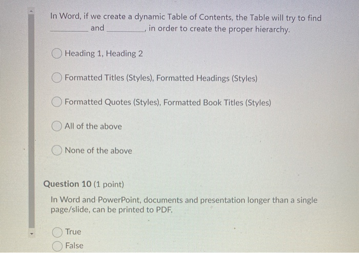 Solved In Word, if we create a dynamic Table of Contents, | Chegg.com