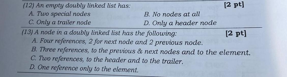Solved (12) An empty doubly linked list has: [2 pt] A. Two | Chegg.com