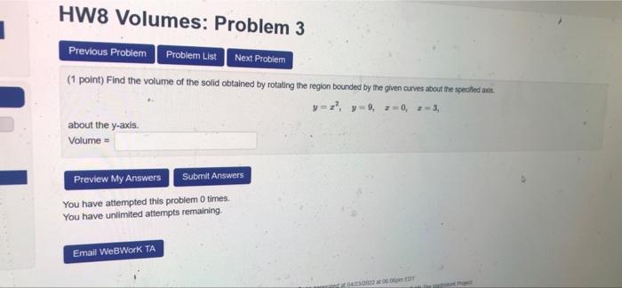 Solved HW8 Volumes: Problem 3 Previous Problem Problem List | Chegg.com