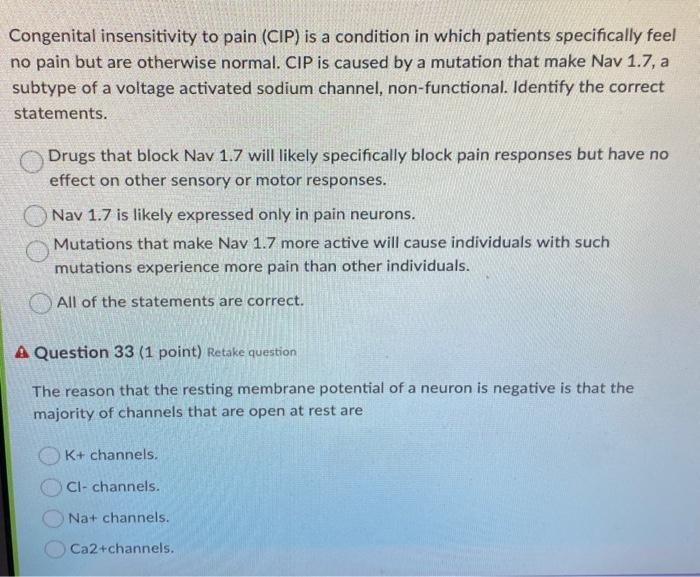 Solved Congenital insensitivity to pain (CIP) is a condition | Chegg.com