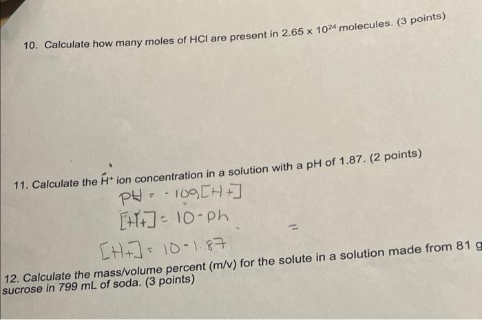 Solved 10. Calculate how many moles of HCl are present in | Chegg.com