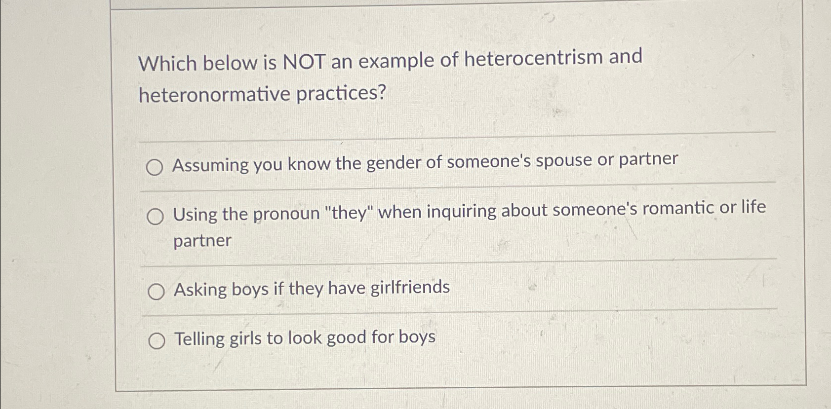 Solved Which below is NOT an example of heterocentrism and | Chegg.com