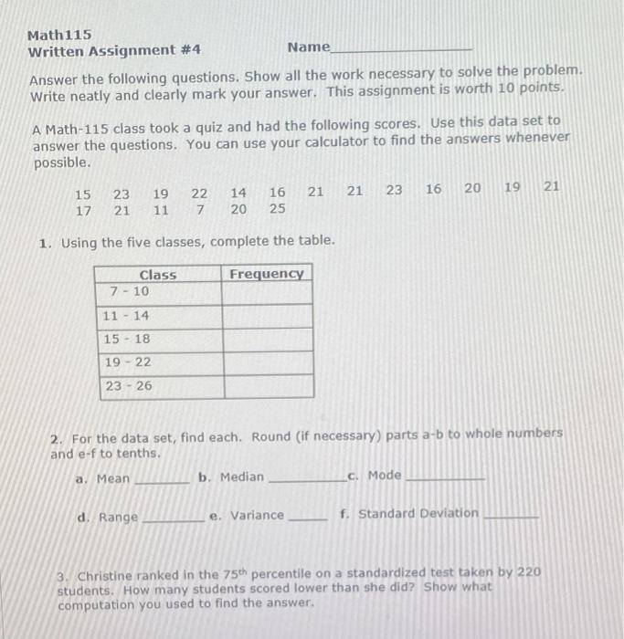 Solved Math 115 Written Assignment #4 Name Answer the | Chegg.com