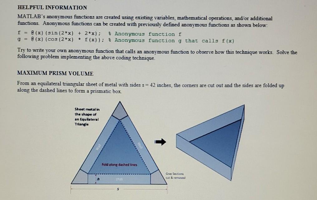 Solved HELPFUL INFORMATION MATLAB's anonymous functions are | Chegg.com