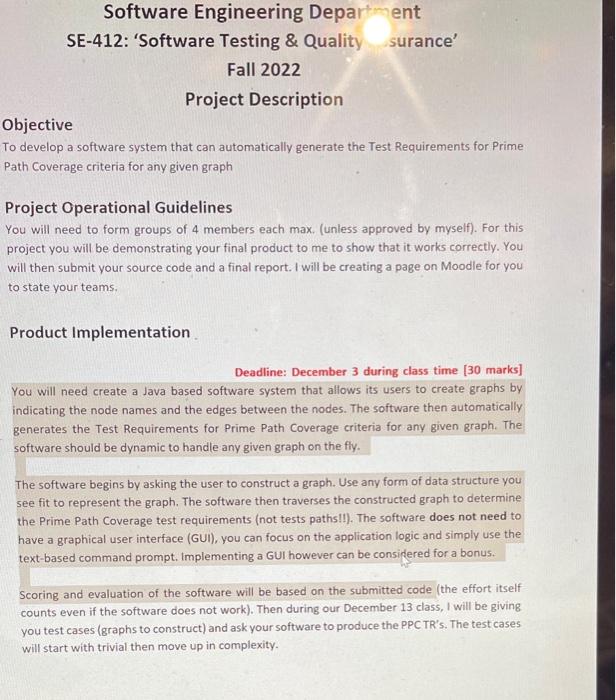 Solved Software Engineering Department SE-412: 'Software | Chegg.com