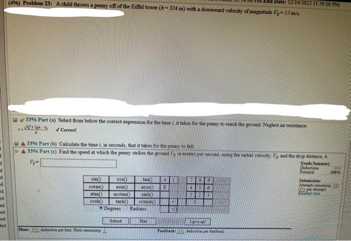 Solved (4\%) Problem 23: A child throws a penny off of the | Chegg.com