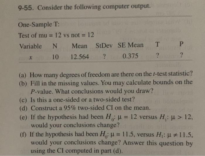 Solved 9 55 Consider The Following Computer Output 