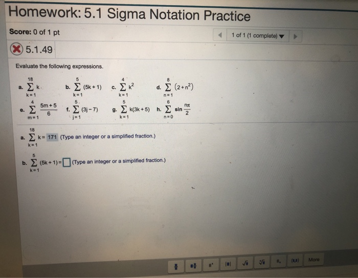 Solved Homework: 5.1 Sigma Notation Practice Score: 0 of 1 | Chegg.com