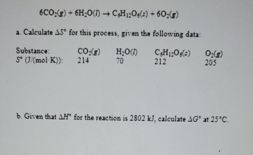 Solved 6C02(g) + 6H2O(1) + CH10c(s) +60(9) a. Calculate AS | Chegg.com