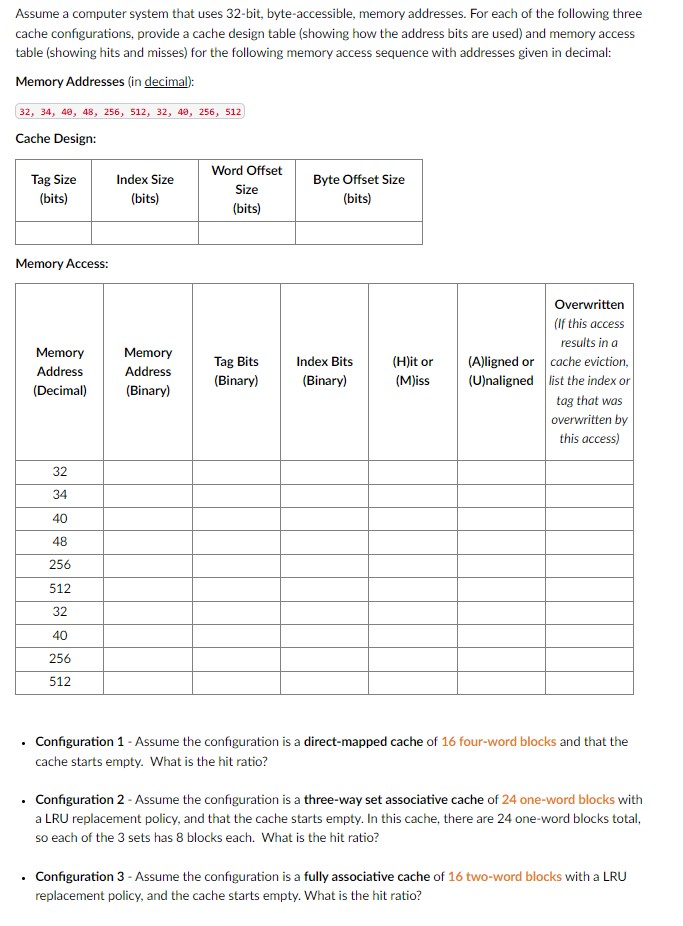 Solved Assume a computer system that uses 32-bit, | Chegg.com