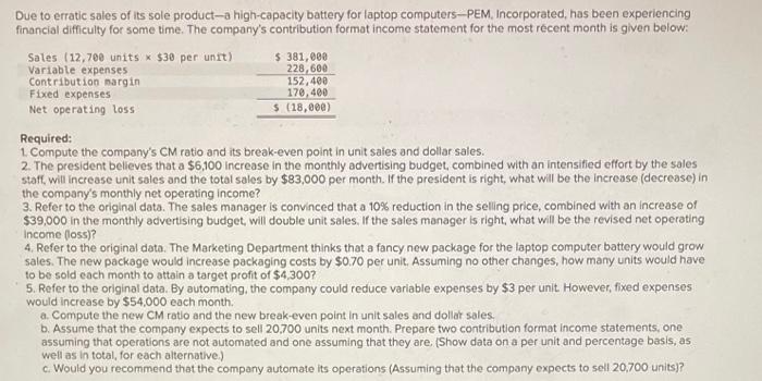 Solved Due to erratic sales of its sole product-a | Chegg.com
