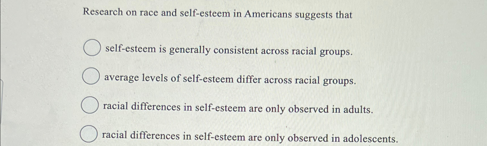 Solved Research on race and self-esteem in Americans | Chegg.com