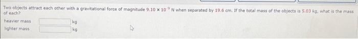 Solved Two objects attract each other with a gravitational | Chegg.com