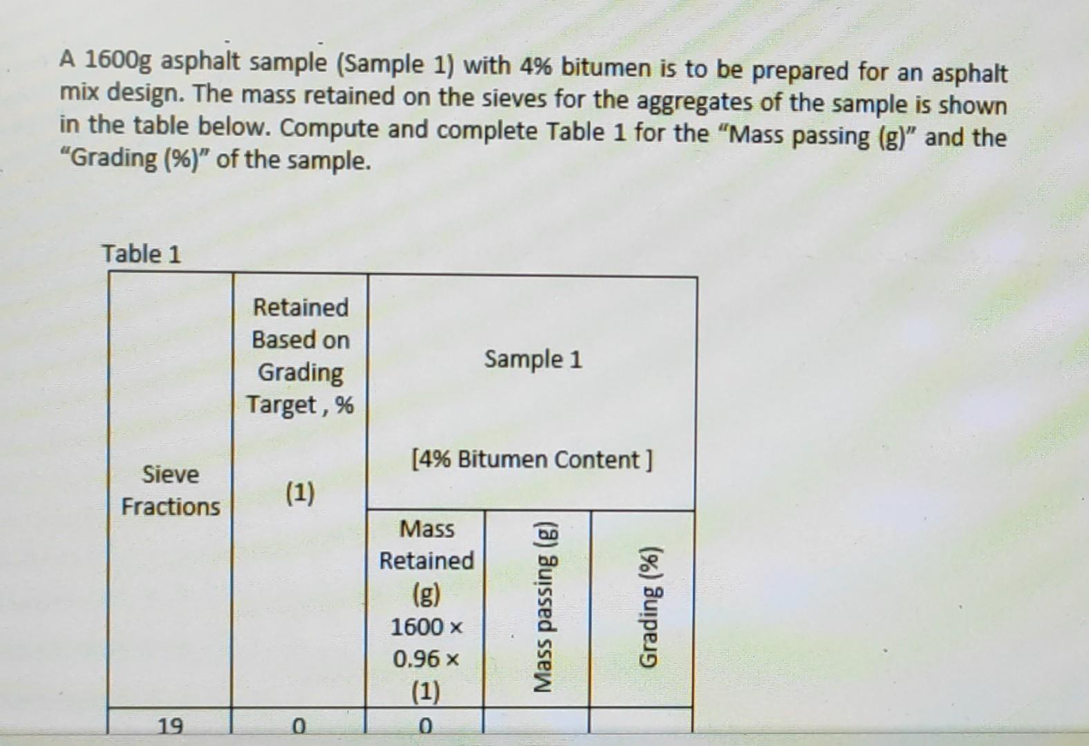 A 1600 g asphait sample (Sample 1) with 4% bitumen is | Chegg.com
