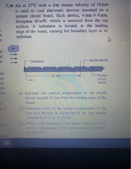 Solved 7.36 Air at 27°C with a free stream velocity of 10 | Chegg.com