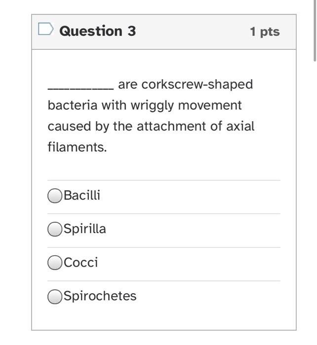 Solved Question 3 1 pts are corkscrew-shaped bacteria with | Chegg.com