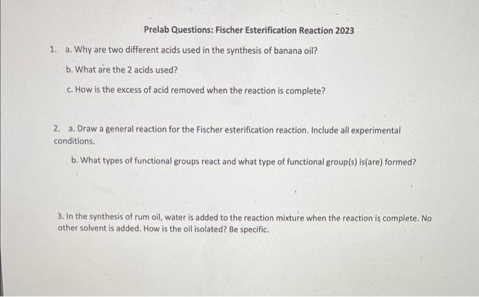 Solved Prelab Questions: Fischer Esterification Reaction | Chegg.com