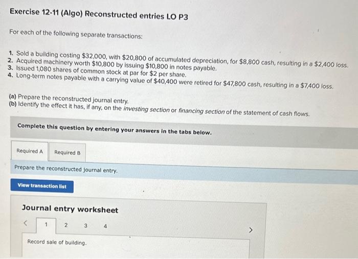 Solved Exercise 12-11 (Algo) Reconstructed entries LO P3 For | Chegg.com