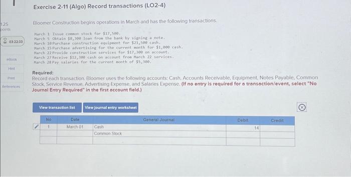 Solved Exercise 2-11 (Algo) Record transactions (LO2-4) | Chegg.com