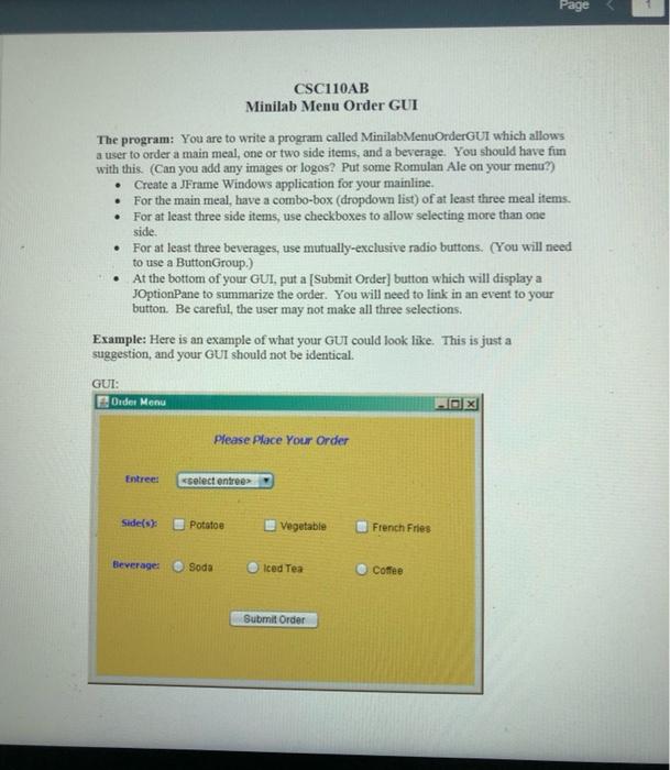 Solved Page CSC110AB Minilab Menu Order GUI The program: You | Chegg.com