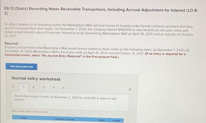 Solved E8-12 (Static) Recording Notes Receivable | Chegg.com