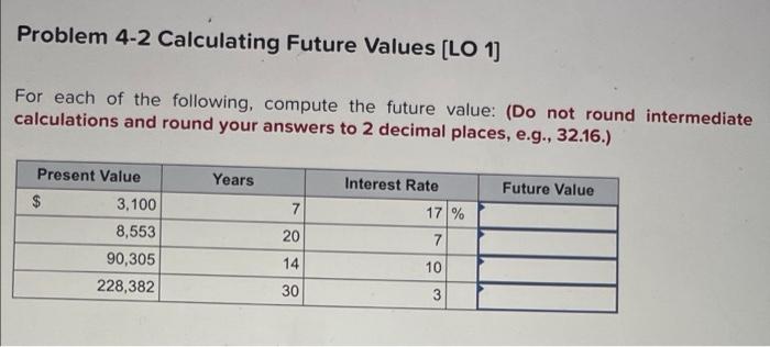 Solved Problem 4-2 Calculating Future Values (LO 1) For each | Chegg.com