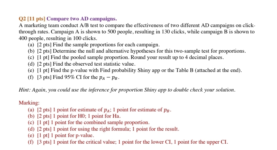Solved Q2 [11 ﻿pts] ﻿Compare two AD campaigns.A marketing | Chegg.com