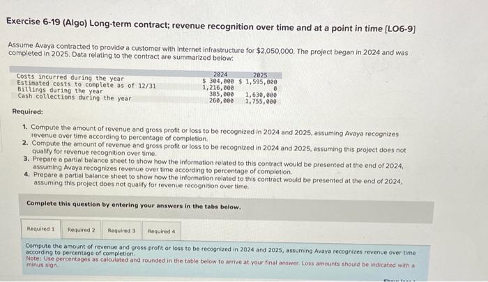 Solved Exercise 6-19 (Algo) Long-term contract; revenue | Chegg.com