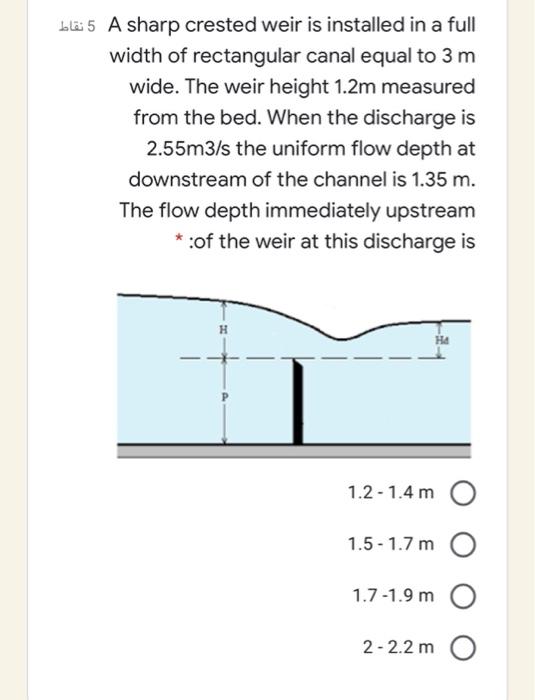 Solved 13:5 A sharp crested weir is installed in a full | Chegg.com
