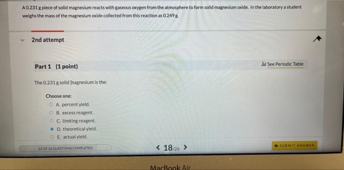 Solved A 0.231 g piece of solid magnesium reacts with | Chegg.com