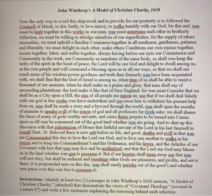 John Winthrop's A Model of Christian Charity, 1630 | Chegg.com