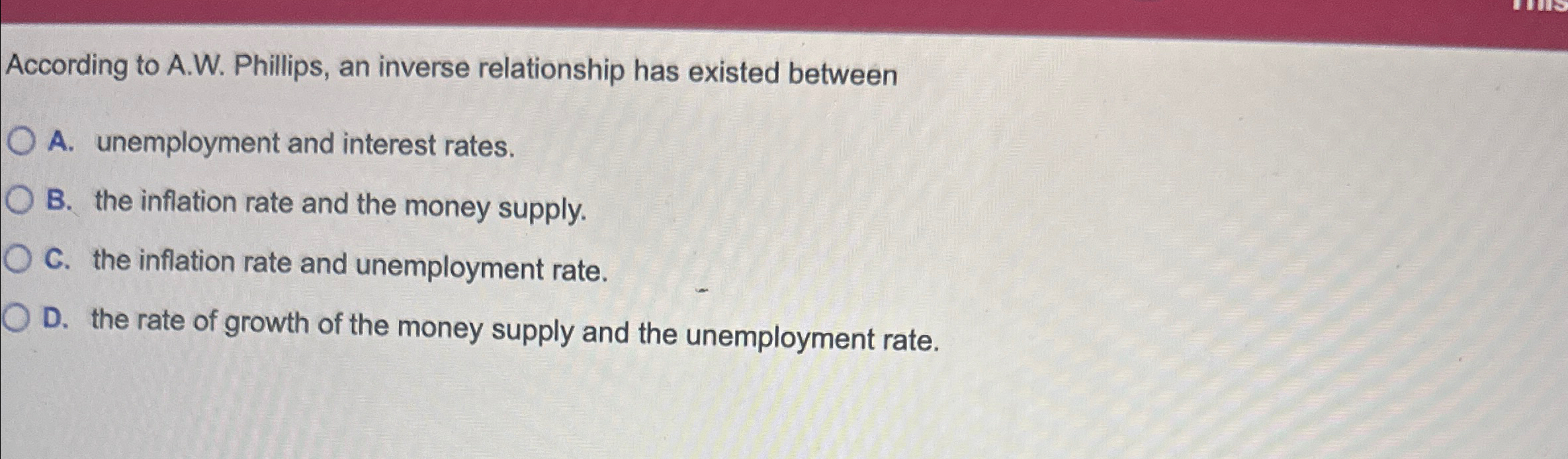 Solved According to A.W. ﻿Phillips, an inverse relationship | Chegg.com