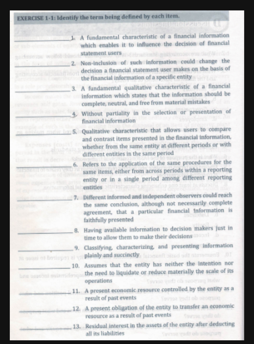 Solved EXERCISE 1-1: Identify the term being defined by each | Chegg.com