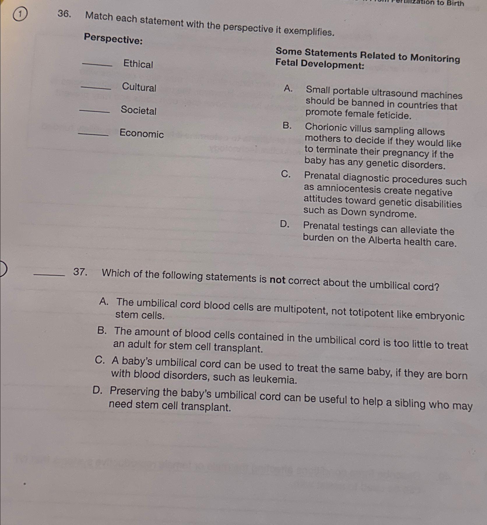 Solved (1) 36. ﻿Match each statement with the perspective it | Chegg.com