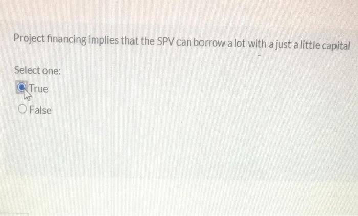Solved Project financing implies that the SPV can borrow a | Chegg.com
