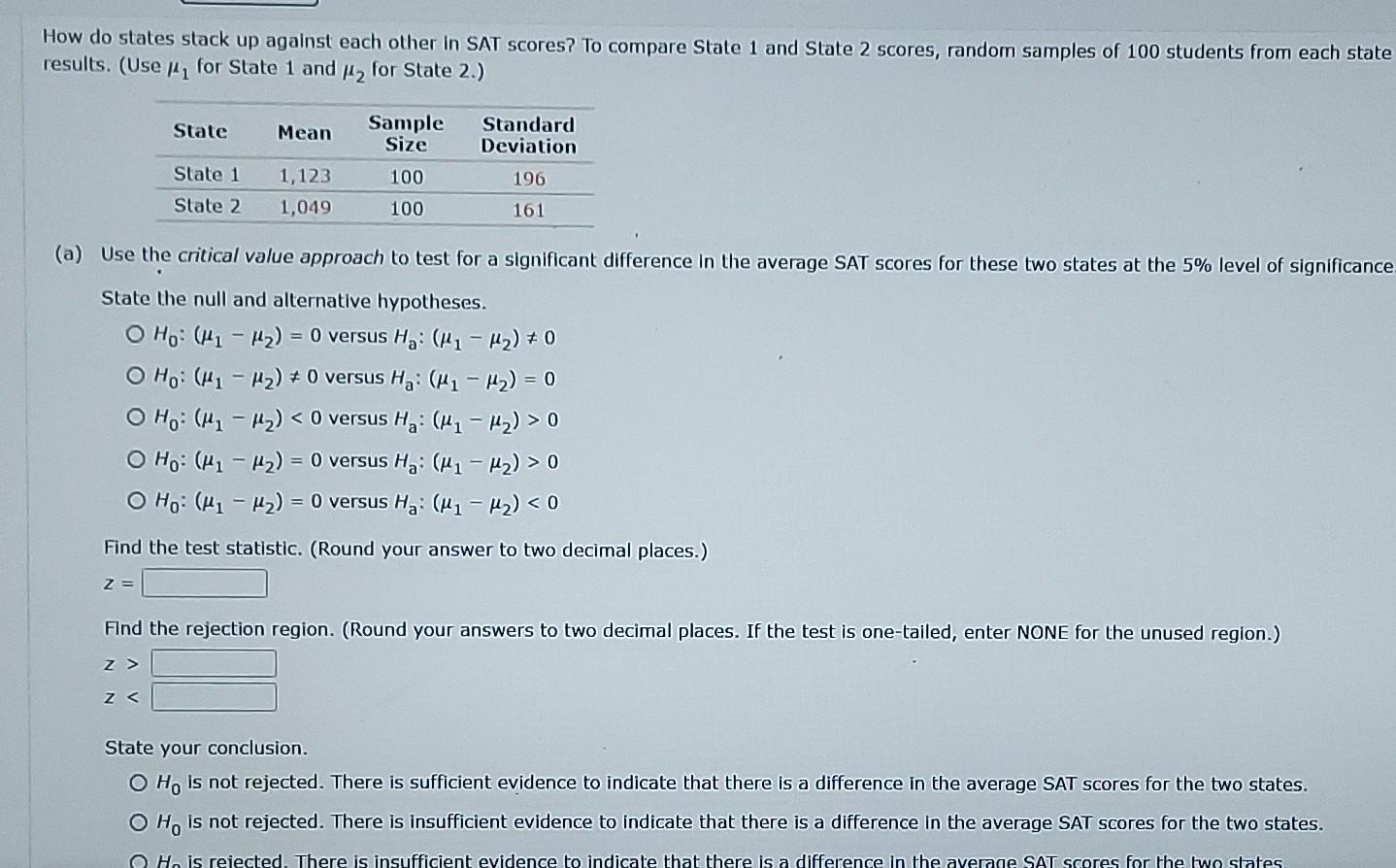 How do states stack up against each other in SAT | Chegg.com