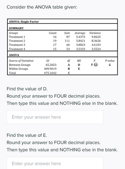 Solved Consider the ANOVA table given: ANOVA: Single Factor | Chegg.com