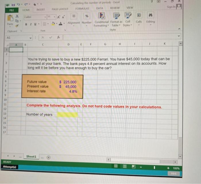 Solved - X - - - Calculating the number of periods - Excel | Chegg.com