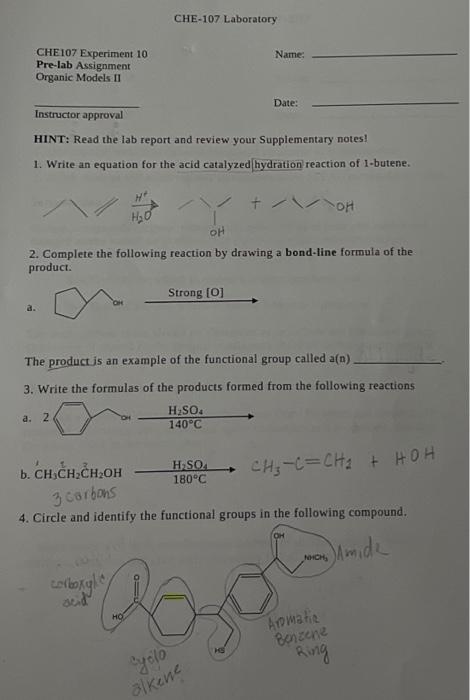 Solved CHE 107 Experiment 10 Pre-lab Assignment Organic | Chegg.com