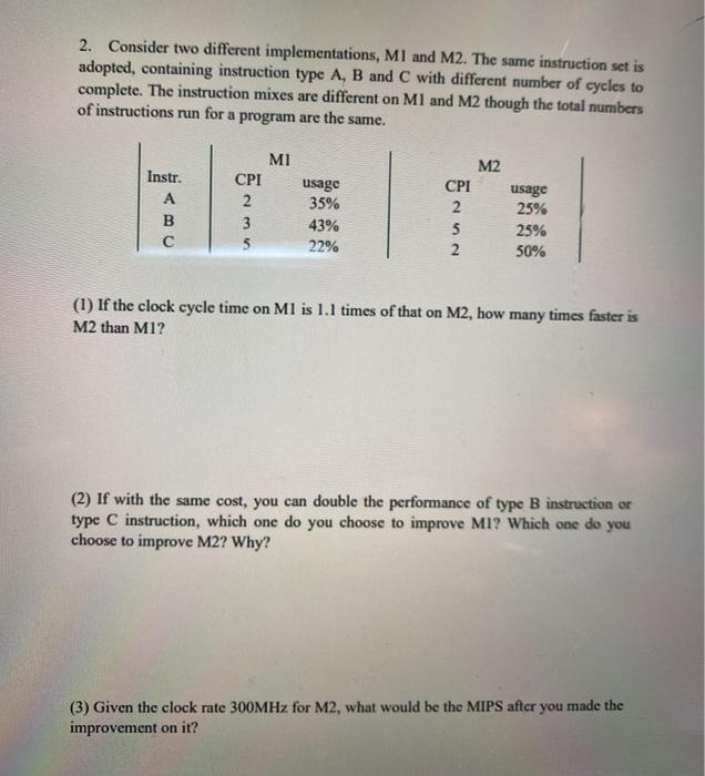 Solved 2. Consider two different implementations, MI and M2. | Chegg.com