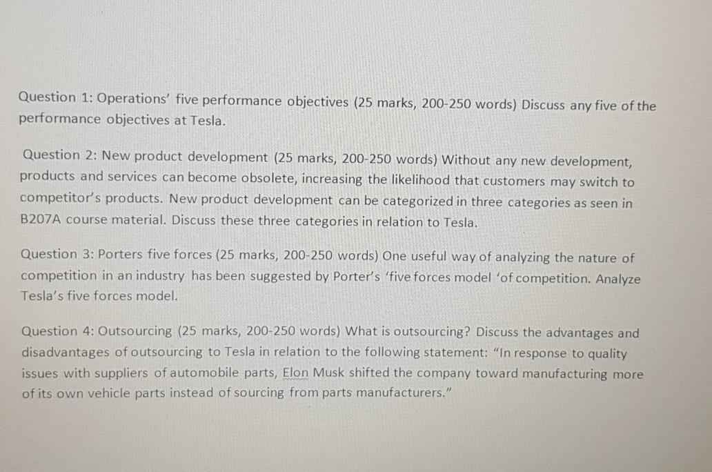 Solved Question 1 Operations Five Performance Objectives