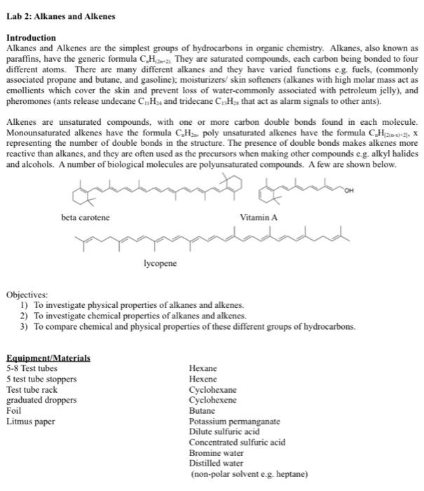 Lab 2: Alkanes and Alkenes Introduction Alkanes and | Chegg.com